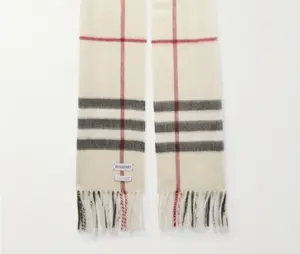 Burberry Fringed Checked Cashmere Scarf Beige