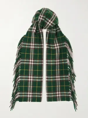 Burberry Fringed Checked Cashmere Scarf Green