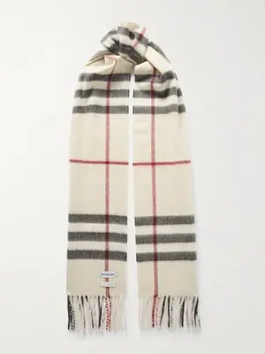 Burberry Fringed Checked Cashmere Scarf Neutrals