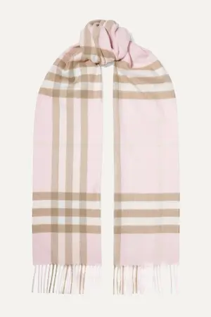 Burberry Fringed Checked Cashmere Scarf Pink