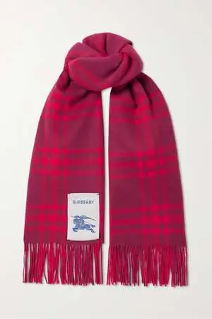 Burberry Fringed Checked Cashmere Scarf Red