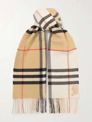Burberry Fringed Checked Cashmere Scarf Sand