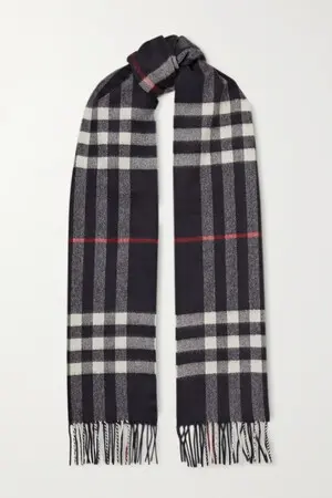 Burberry Fringed Checked Cashmere Scarf Blue