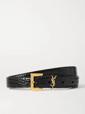 Saint Laurent Cassandre Croc-effect Leather Belt - Black