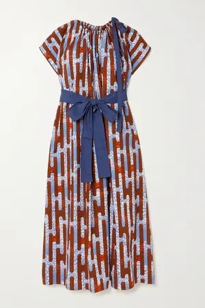 ODILE JACOBS Tie-detailed Belted Printed Waxed-cotton Midi Dress