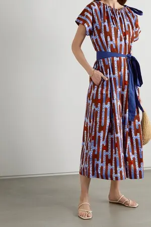 ODILE JACOBS Tie-detailed Belted Printed Waxed-cotton Midi Dress