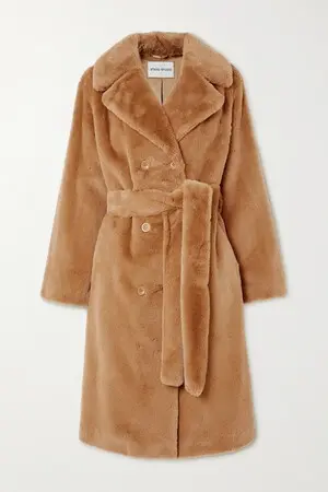 STAND STUDIO Faustine Belted Double-breasted Faux Fur Coat