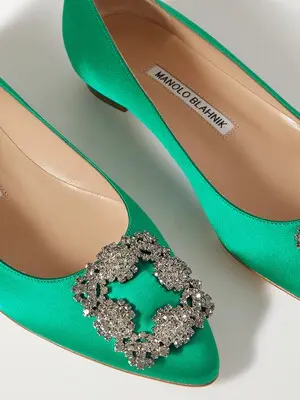 Manolo Blahnik Hangisi Crystal-embellished Satin Flats - Green