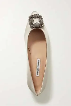 Manolo Blahnik Manolo Blahnik Hangisi Crystal-Embellished Satin Flats Light Gray