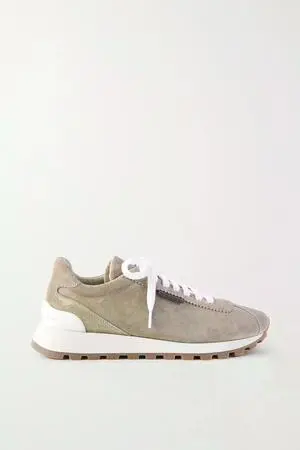 Brunello Cucinelli Bead-embellished Suede Sneakers - Gray