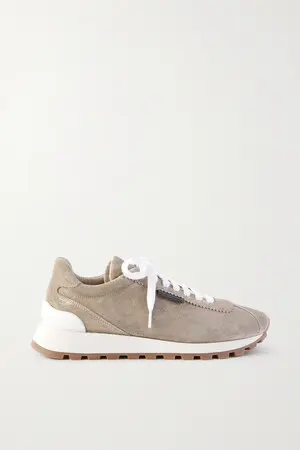 Brunello Cucinelli Bead-embellished Suede Sneakers - Gray
