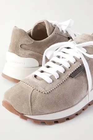 Brunello Cucinelli Bead-embellished Suede Sneakers - Gray