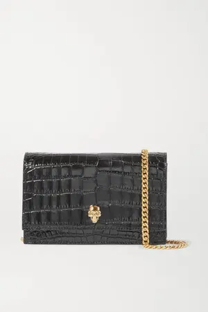 Alexander McQueen Skull Small Embellished Croc-effect Patent-leather Shoulder Bag - Black