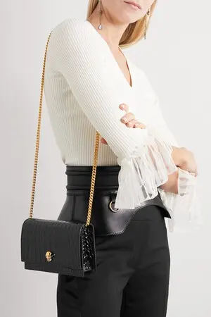Alexander McQueen Skull Small Embellished Croc-effect Patent-leather Shoulder Bag - Black