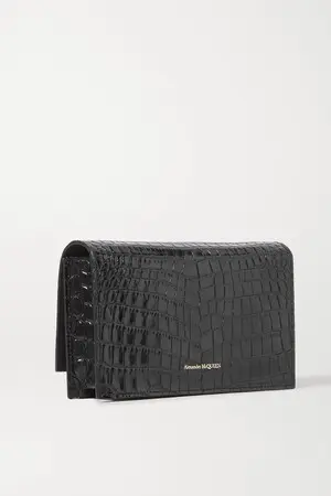 Alexander McQueen Skull Small Embellished Croc-effect Patent-leather Shoulder Bag - Black