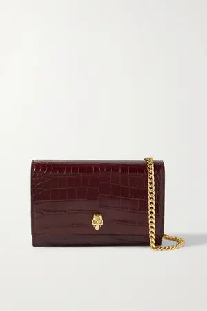 Alexander McQueen MCQUEEN Skull Small Embellished Croc-effect Patent-leather Shoulder Bag Burgundy