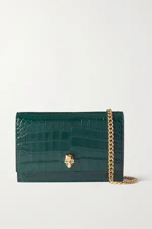 Alexander McQueen MCQUEEN Skull Small Embellished Croc-effect Patent-leather Shoulder Bag Green