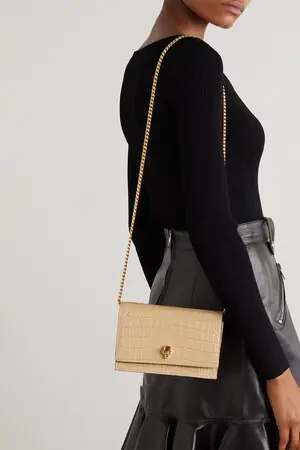 Alexander McQueen MCQUEEN Skull Small Embellished Croc-effect Patent-leather Shoulder Bag Neutrals