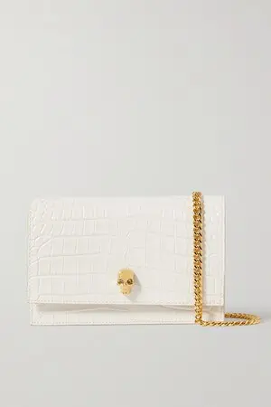 Alexander McQueen MCQUEEN Skull Small Embellished Croc-effect Patent-leather Shoulder Bag White