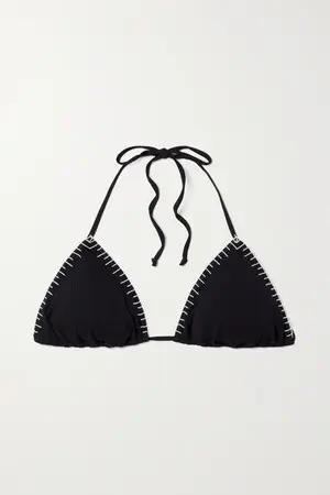 Marysia Sole Embroidered Seersucker Triangle Halterneck Bikini Top - Black
