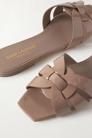 Saint Laurent Tribute Woven Patent-leather Slides - Neutrals