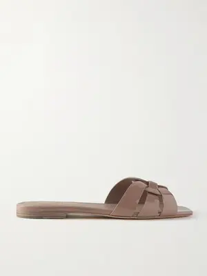 Saint Laurent Tribute Woven Patent-Leather Slides Neutrals