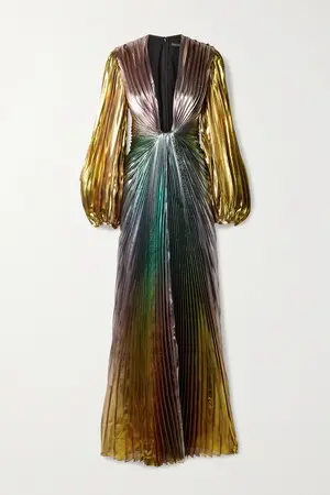 REEM ACRA Pleated Silk-blend Lamé Gown