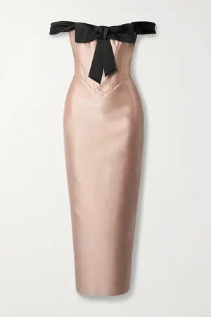 RASARIO Off-the-shoulder Bow-embellished Duchesse-satin Dress