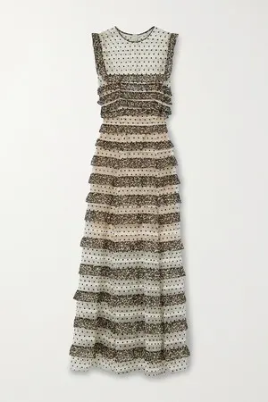 Costarellos Ingrid Leopard-print Chiffon And Polka-dot Flocked Tulle Maxi Dress