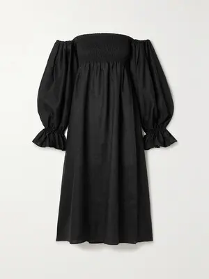 Sleeper Net Sustain Atlanta Off-the-shoulder Shirred Linen Midi Dress - Black
