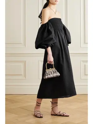 Sleeper Net Sustain Atlanta Off-the-shoulder Shirred Linen Midi Dress - Black