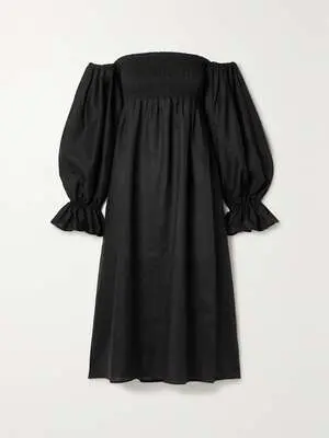 Sleeper Net Sustain Atlanta Off-the-shoulder Shirred Linen Midi Dress - Black
