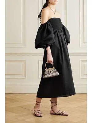 Sleeper Net Sustain Atlanta Off-the-shoulder Shirred Linen Midi Dress - Black