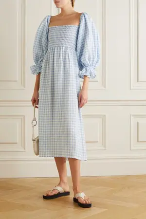 Sleeper Net Sustain Atlanta Off-the-shoulder Shirred Linen Midi Dress