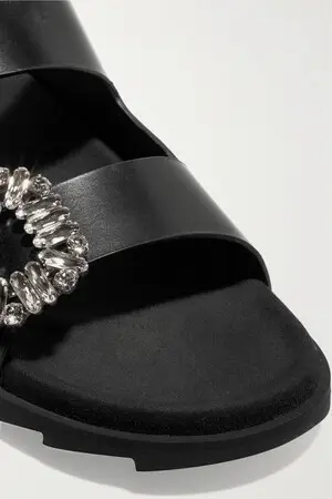 ROGER VIVIER Slidy Viv Crystal-embellished Leather Slides - Black