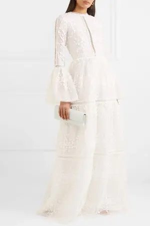 Costarellos Appliquéd Embroidered Tulle Gown