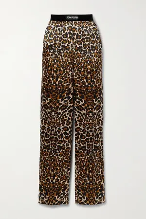 TOM FORD Velvet-trimmed Leopard-print Stretch-silk Satin Pants Animal Print