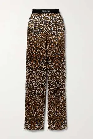 TOM FORD Velvet-trimmed Leopard-print Stretch-silk Satin Pants Leopard Print