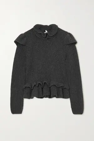 GANNI Open-back Ruffled Ribbed Wool-blend Sweater