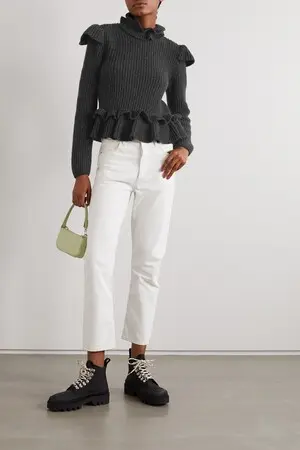 GANNI Open-back Ruffled Ribbed Wool-blend Sweater