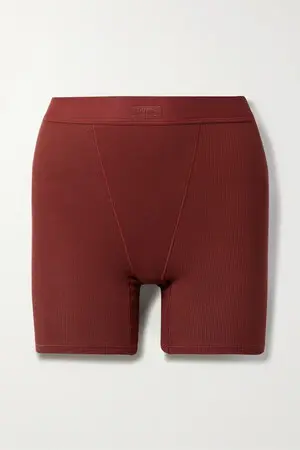 SKIMS Cotton Collection Ribbed Cotton-blend Jersey Boxer Shorts Burgundy