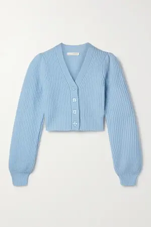 LoveShackFancy Avignon Cropped Ribbed Wool And Cashmere-blend Cardigan Blue