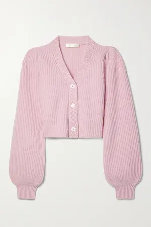 LoveShackFancy Avignon Cropped Ribbed Wool And Cashmere-blend Cardigan Pink