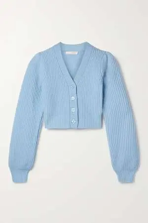 LoveShackFancy Avignon Cropped Ribbed Wool And Cashmere-blend Cardigan Sky Blue
