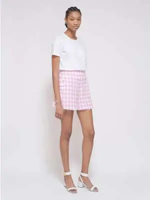 Balmain High Waist Gingham Tweed Mini Shorts White,pink