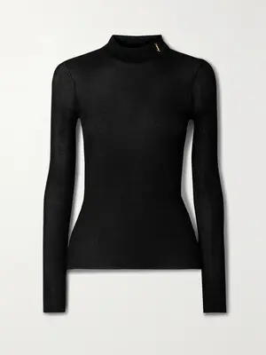 Saint Laurent Ribbed Silk Turtleneck Top - Black