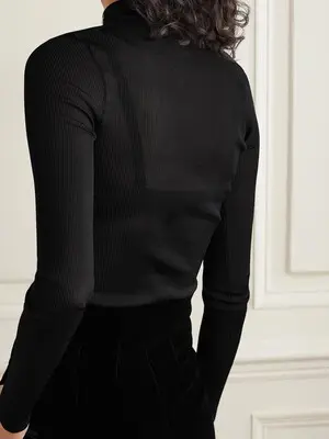 Saint Laurent Ribbed Silk Turtleneck Top - Black