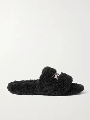 Balenciaga Furry Logo-embroidered Faux Shearling Slides - Black