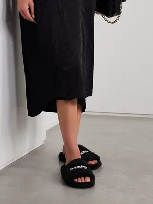 Balenciaga Furry Logo-embroidered Faux Shearling Slides - Black