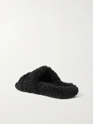 Balenciaga Furry Logo-embroidered Faux Shearling Slides - Black